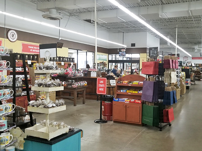 The checkout counter doubles as a candy museum. That "Line Starts Here" sign might be the most optimistic statement in retail.