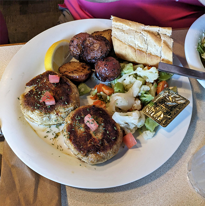 These crab cakes aren't just generous with the crab meat—they're downright philanthropic. Served with vegetables that actually taste like vegetables!