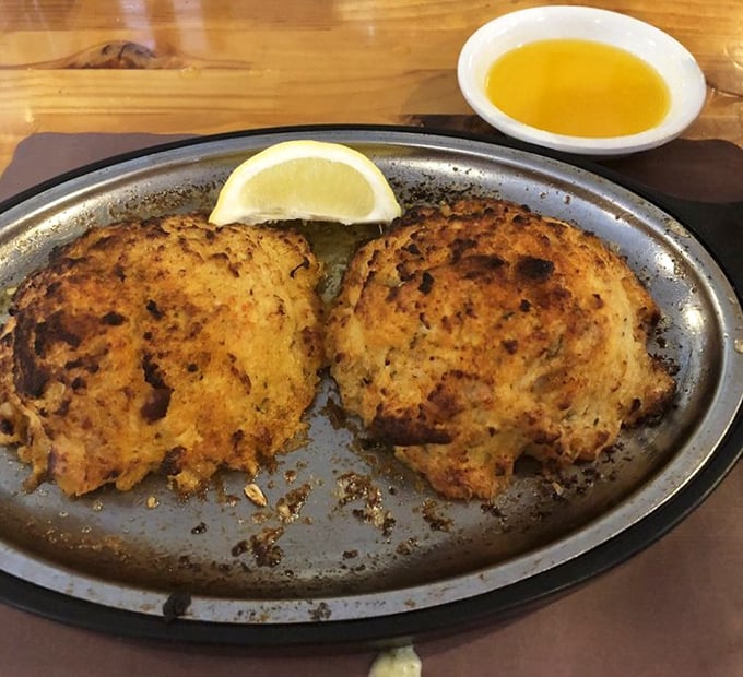Golden-brown crab cakes that don't skimp on the crab—a rarity that deserves a moment of silent appreciation and a squeeze of lemon.