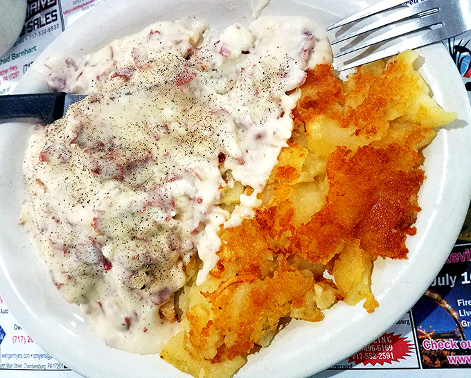 Behold the legendary creamed chipped beef! Half-smothered home fries provide the perfect textural contrast to this creamy Pennsylvania classic.