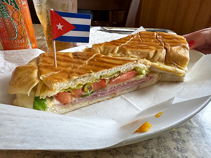 The Cuban sandwich arrives with its own tiny flag, as if to say "I'm so good, I deserve my own nation."