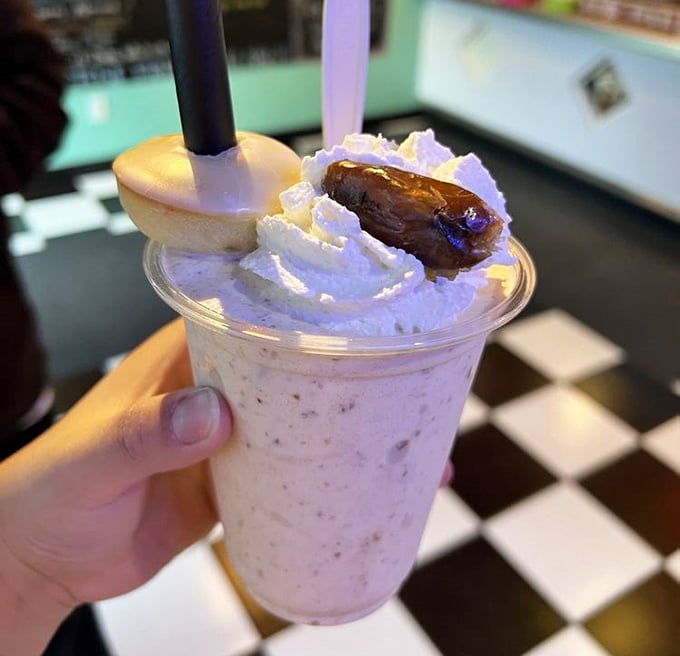 Behold the date shake in all its glory, crowned with an actual date like nature's own cherry on top.