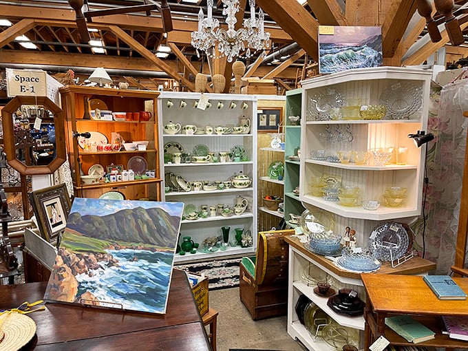 Crystal chandeliers hanging above Depression glass? It's like your grandmother's china cabinet had a glamorous love affair with a Hollywood prop department.