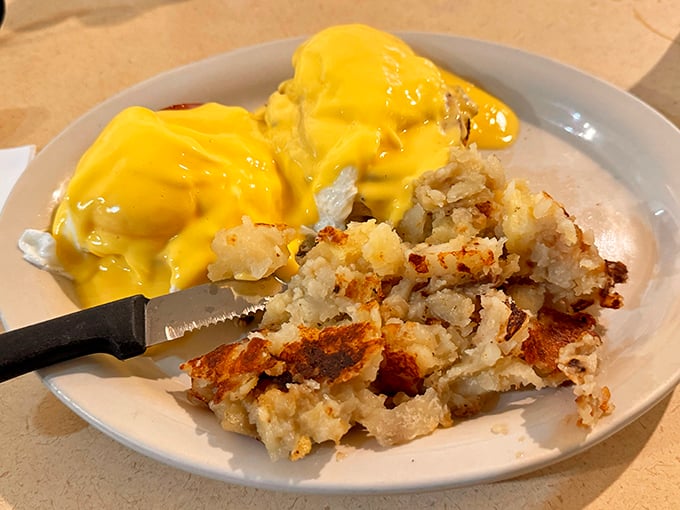 Behold the star attraction! Golden hollandaise cascades over perfectly poached eggs like sunshine after a Florida storm.