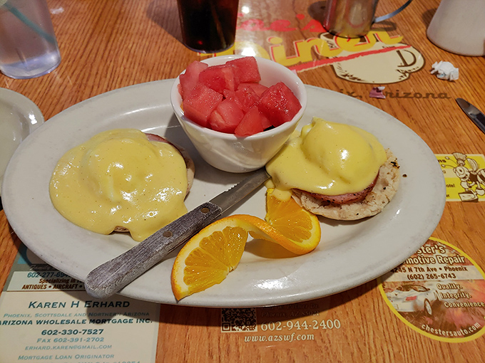 Eggs Benedict that would make the Pope jealous—perfectly poached eggs wearing hollandaise like a silky golden robe.