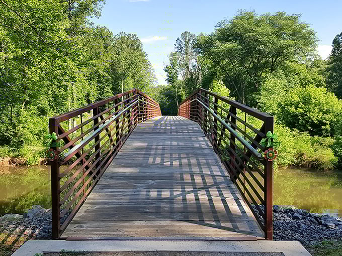 This wooden footbridge doesn't just connect two pieces of land—it links you to the tranquility that's become increasingly rare in our buzzing, beeping world.