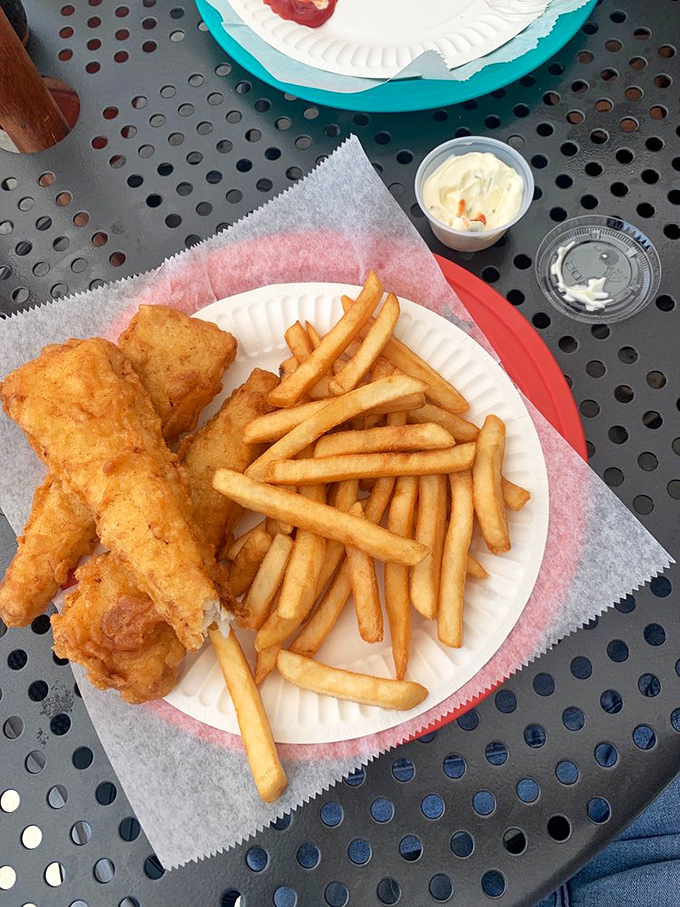 Golden perfection on a paper plate. The fish wears its crispy armor proudly, while the chips stand at attention, ready for their malt vinegar bath.