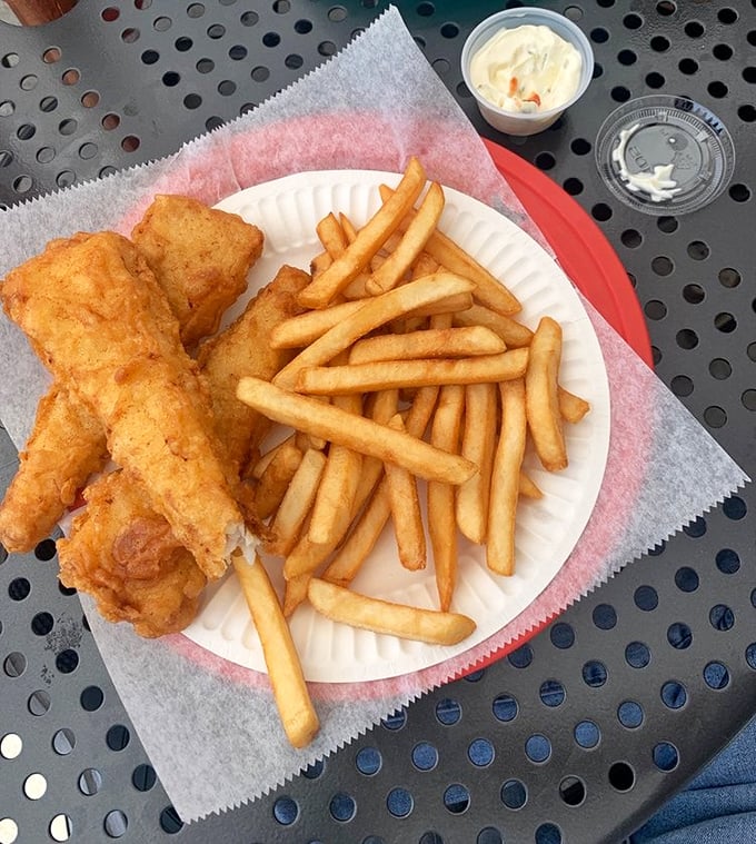 Golden-battered fish with perfectly crisp fries—the kind of plate that makes you wonder why you ever eat anything else.