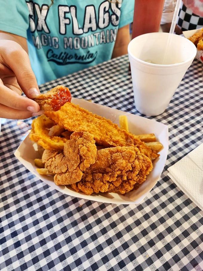 Golden-battered perfection meets thick-cut fries. That first audible crunch is the sound of your taste buds throwing a standing ovation.