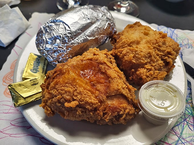 Golden-brown perfection that makes Colonel Sanders look like an amateur. This fried chicken doesn't need fancy plating—it's the Meryl Streep of poultry, consistently excellent in every role.
