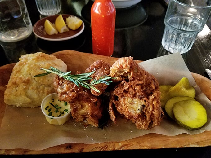 Golden-brown perfection that makes you wonder if the Colonel should just retire now. Those pickles aren't just garnish—they're essential supporting actors.