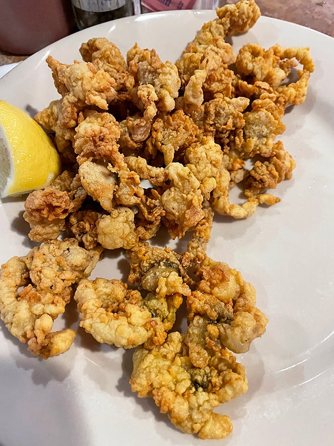 Golden-fried whole belly Ipswich clams—crispy outside, briny-sweet inside—that would make a New Englander weep with joy and homesickness.