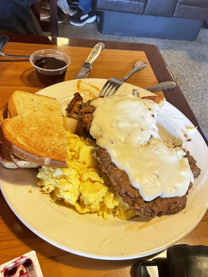Behold the star attraction – chicken fried steak smothered in gravy so good you'll want to write home about it, if you weren't too busy eating.