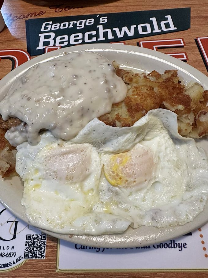 Golden-crusted fried steak that would make your grandmother weep with joy – comfort food at its most honest.