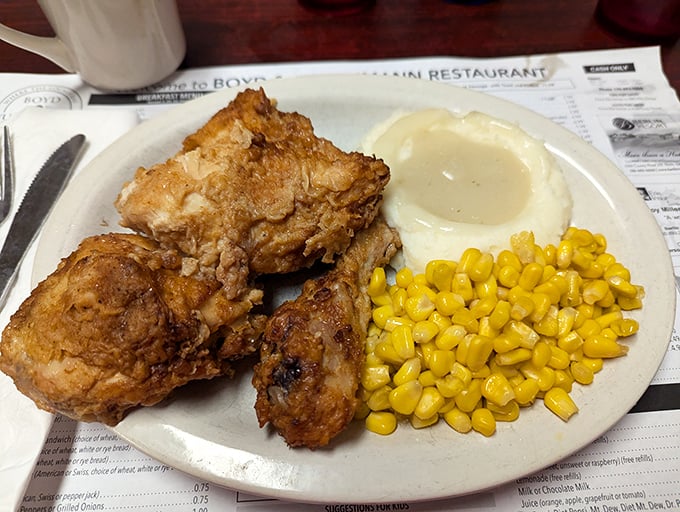 Golden-brown fried chicken that makes Colonel Sanders look like an amateur. Paired with mashed potatoes and corn, it's the holy trinity of comfort.