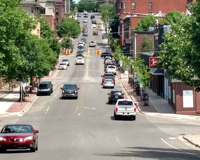 Downtown streets hum with local life, where pedestrians and pups stroll past the historic Delft Theater marquee—a slice of small-town America that feels increasingly rare.