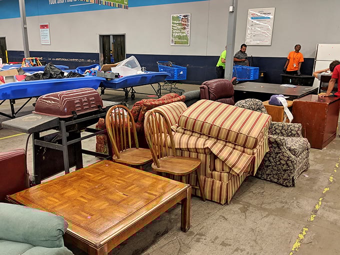 Furniture island – where yesterday's living rooms come to find tomorrow's homes. That striped sofa has stories to tell if you're willing to listen.