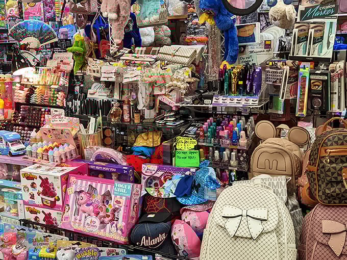 Organized chaos at its finest—where else can you find stuffed animals, designer knockoffs, and Atlanta souvenirs coexisting in perfect retail harmony?