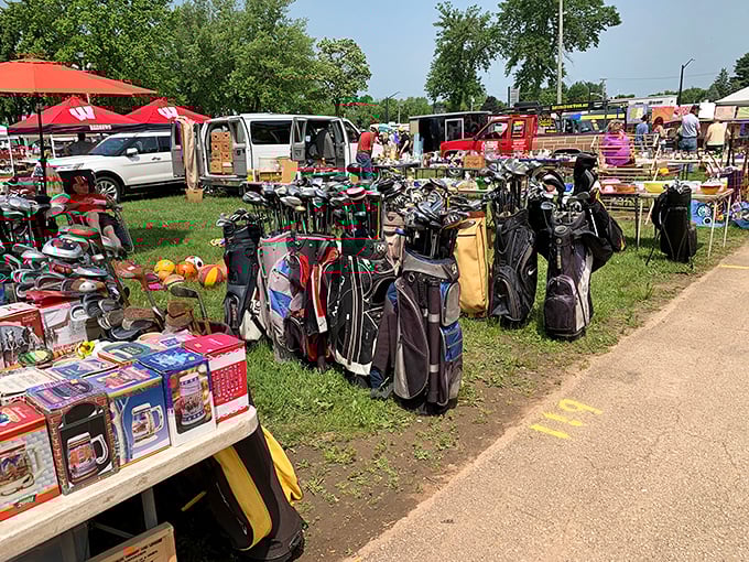 Golf bags stand at attention like retired athletes waiting for their second act. Yesterday's nine iron could be tomorrow's lucky club.