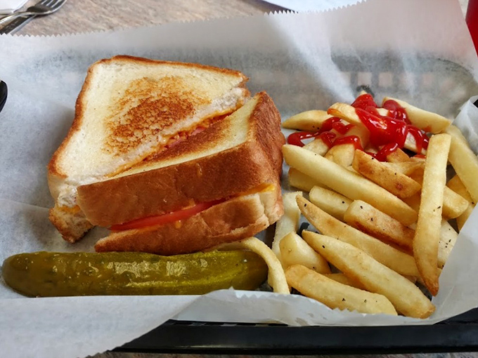 The holy grail of comfort food—golden-brown perfection with melty American cheese. This isn't just a grilled cheese sandwich; it's edible nostalgia served with a pickle.