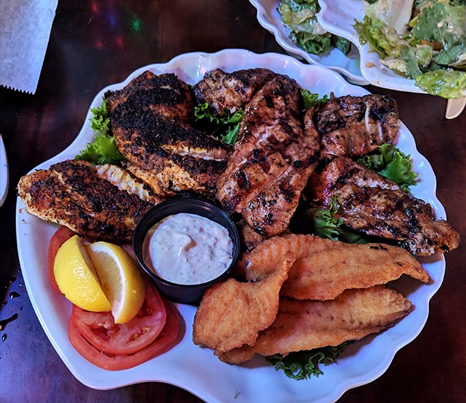 Blackened to perfection, this grouper platter doesn't just satisfy hunger—it creates memories. The char marks are like flavor roadmaps leading to seafood nirvana.