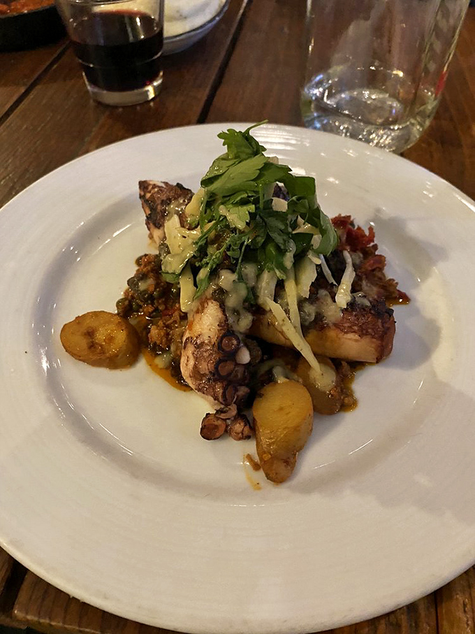 This grilled octopus isn't just cooked, it's transformed—tender tentacles nestled among potatoes with a garden-fresh slaw that'll convert any skeptic.