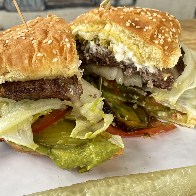 Behold the architectural marvel that is Skyline's burger—where each layer plays its part in a symphony of flavors that Mozart would envy.