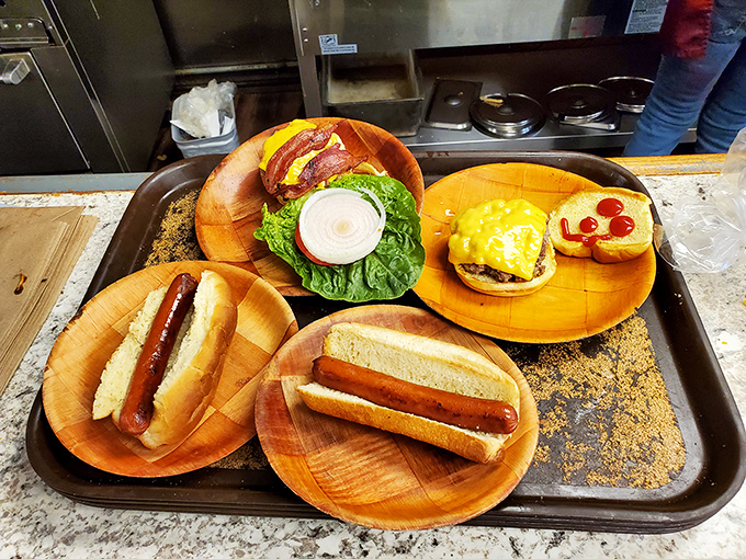 Hot dogs served on wooden plates—nature's dishware making these classic franks look like they've been elevated to gourmet status.