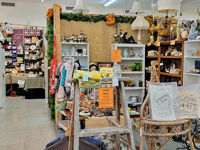 Every shelf tells a story here—this display mixes farmhouse chic with "grandma's favorite things" in the most charming possible way.
