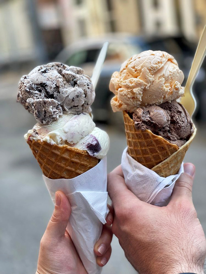 Ice cream cones held aloft like Olympic torches. These waffle cones don't merely hold ice cream—they elevate it to a hand-held ceremony.