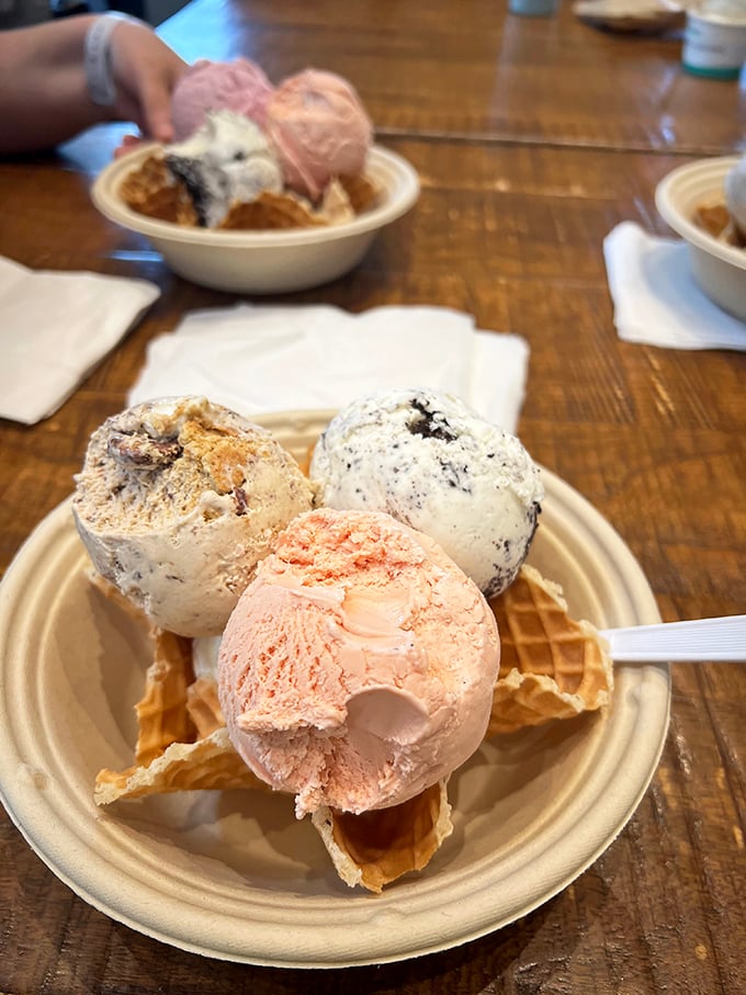 Three perfect scoops nestled in a freshly made waffle bowl—this isn't just ice cream, it's edible therapy after a long week.
