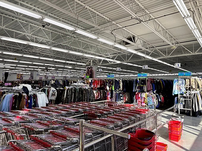 Welcome to the promised land of thrift! Rows upon rows of carefully organized clothing await your discovery, like a department store minus the sticker shock.