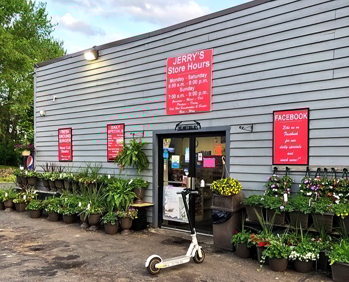 Jerry's Jamestown Market surrounds itself with flowers and plants, as if to say "yes, we sell groceries, but we're also part garden center, part community hub."