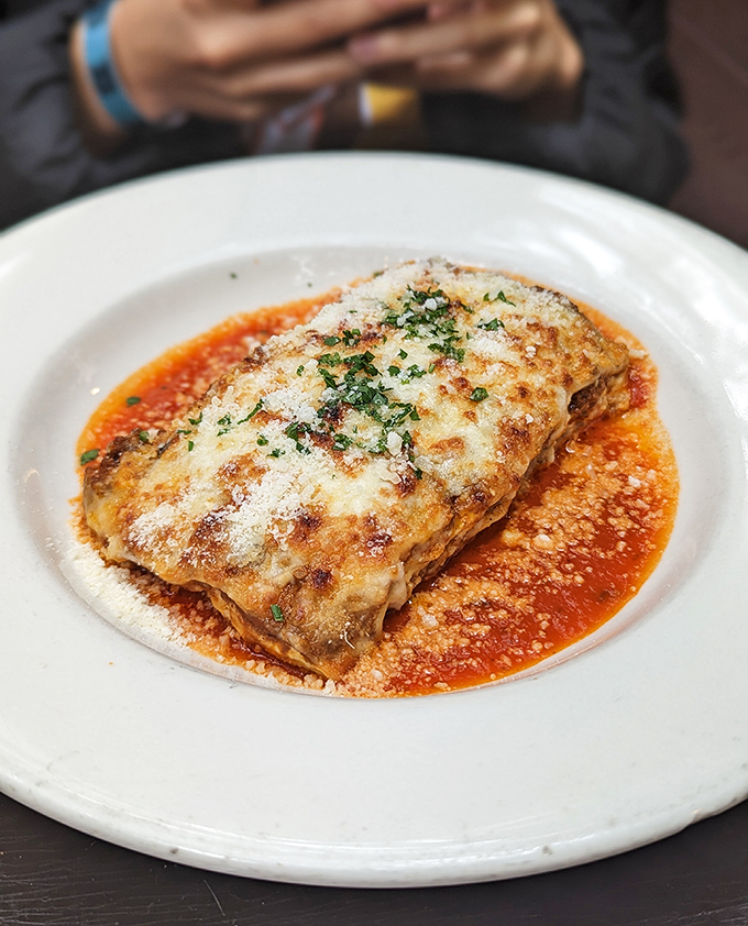 Lasagna that doesn't know the meaning of restraint—layers of pasta, cheese, and sauce in a relationship so perfect it should have its own romance novel.
