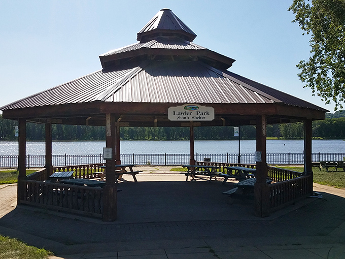 Lawler Park's riverside gazebo offers the perfect shelter for contemplating life's big questions—or simply watching barges navigate the mighty Mississippi.