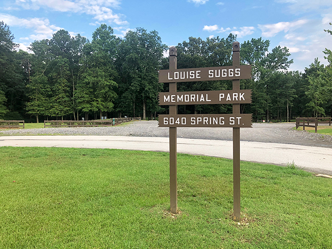 Louise Suggs Memorial Park welcomes visitors with simple wooden signage – no flashy entrance needed when nature provides the real spectacle inside.