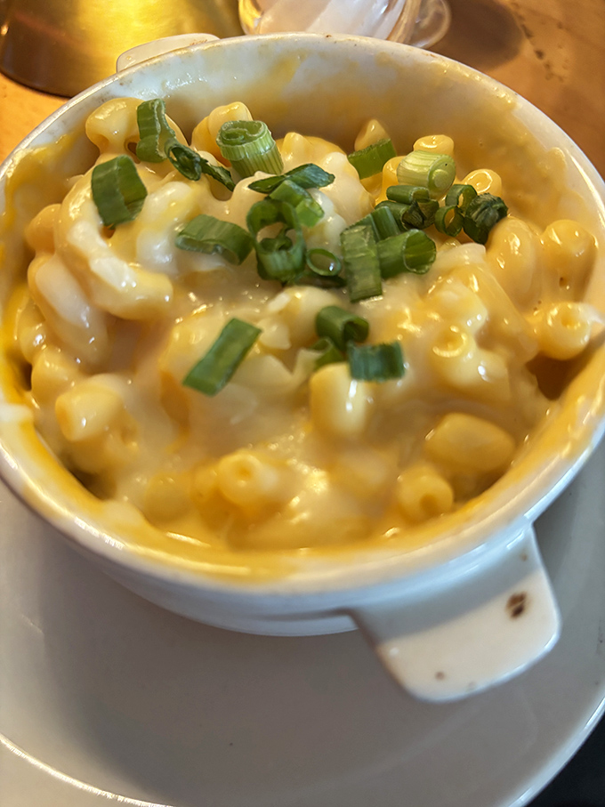 This isn't your childhood mac and cheese—it's a grown-up affair with creamy richness and green onions adding just the right touch of sophistication.