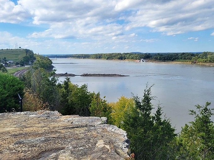 The mighty Missouri River curves gracefully past Hermann's bluffs, creating the perfect microclimate for vineyards that thrive on these shores.