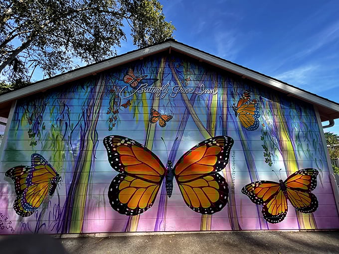 The Butterfly Grove Inn celebrates Pacific Grove's most famous seasonal residents—thousands of monarchs who clearly know prime real estate when they see it.