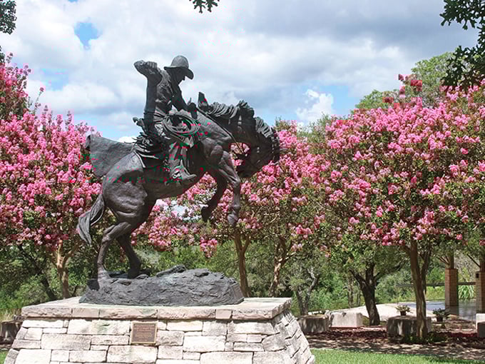 A bronze cowboy frozen mid-rodeo, surrounded by crepe myrtles in full bloom—Texas history and natural beauty performing their perfect duet.
