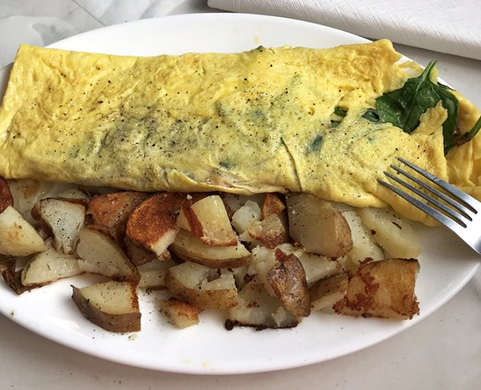 Behold the omelet in its natural habitat – fluffy, golden, and ready to make your morning spectacular. Those home fries aren't just sidekicks, they're co-stars.