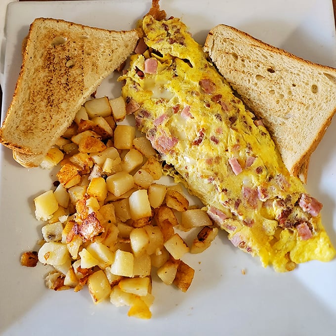 This ham and cheese omelet isn't just breakfast – it's edible architecture with perfectly golden edges and a molten cheese interior.