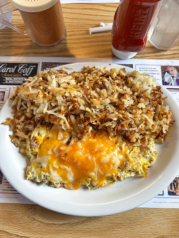 Behold the omelet that launched a thousand satisfied sighs, crowned with a golden kingdom of perfectly crispy hash browns.