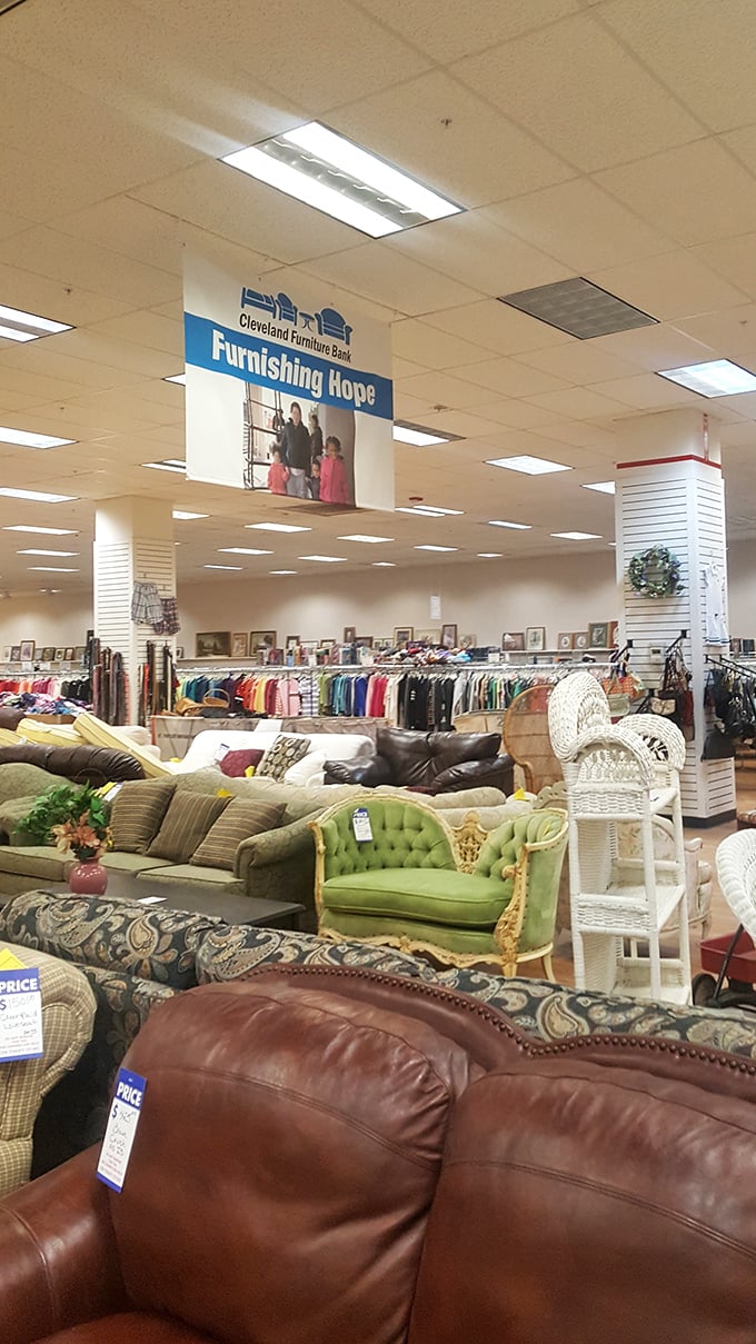 "Furnishing Hope" isn't just a slogan – it's the mission behind every purchase. That vintage green loveseat is practically begging for a new home.
