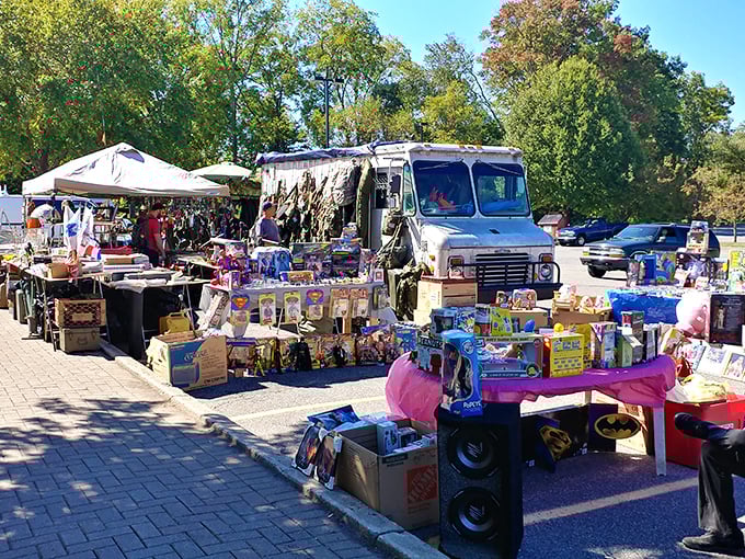 Vendor trucks transform into pop-up storefronts, creating an impromptu shopping district where toys and treasures spill forth in glorious retail chaos.