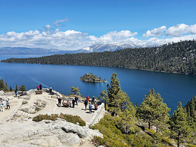 Inspiration Point lives up to its name—visitors gather on granite outcroppings to collectively gasp at nature's masterpiece below.