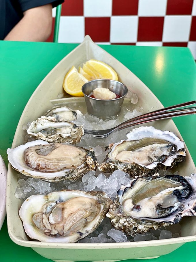 These glistening oysters on ice aren't just seafood—they're little cups of ocean perfection, waiting to transport you straight to briny paradise with a squeeze of lemon.