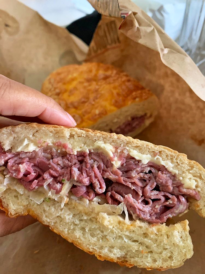 Pastrami so perfectly pink it should be on a magazine cover. This isn't lunch—it's a meat masterpiece.