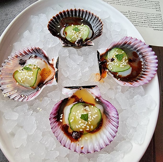 Peruvian scallops nestled in their shells like oceanic jewels—a perfect symphony of sweet flesh, bright citrus, and cucumber crunch.