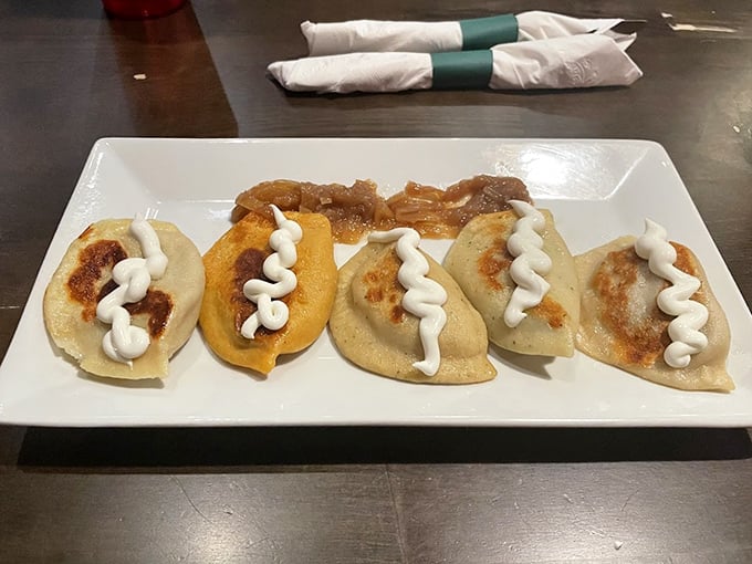 Golden-edged pierogies lined up like delicious soldiers, ready to march straight into your heart. That zigzag of sour cream is pure artistry.